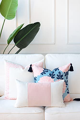 Hofdeco Premium Coastal Patio Indoor Outdoor Lumbar Pillow Cover ONLY for Backyard, Couch, Sofa, Pink Greek Key, 20"x20"