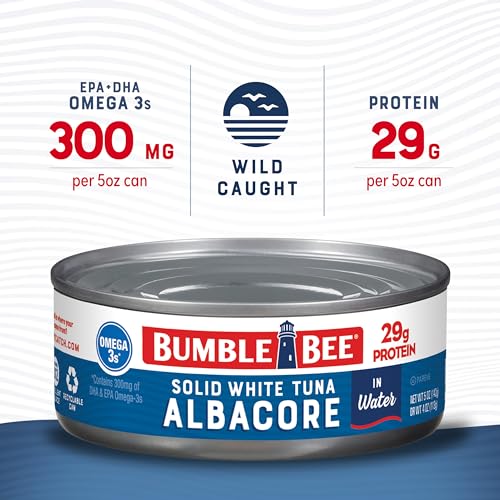 Bumble Bee Solid White Albacore Tuna in Water, 5 oz Can (Pack of 48) - Wild Caught Tuna - 29g Protein per Serving, High in Omega-3s - Non-GMO Project Verified, Gluten Free, Kosher