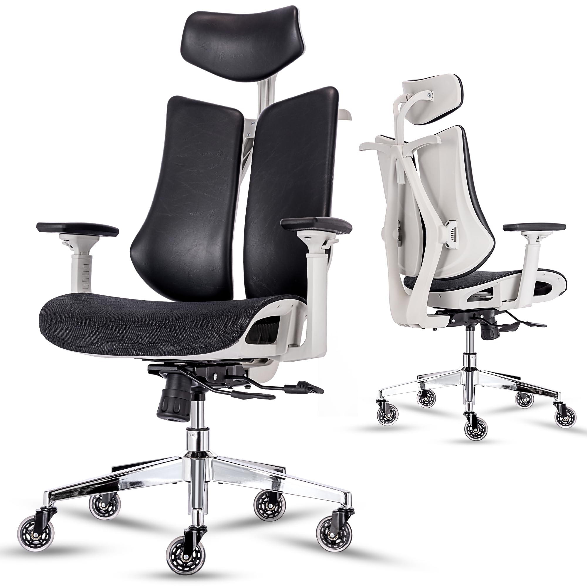 BV Ergonomic Dual Backrests Office Chair, Lumbar Support Office Desk Chair Back Support, Breathable mesh Office Chair 3D Adjustable Armrest(Mesh White)