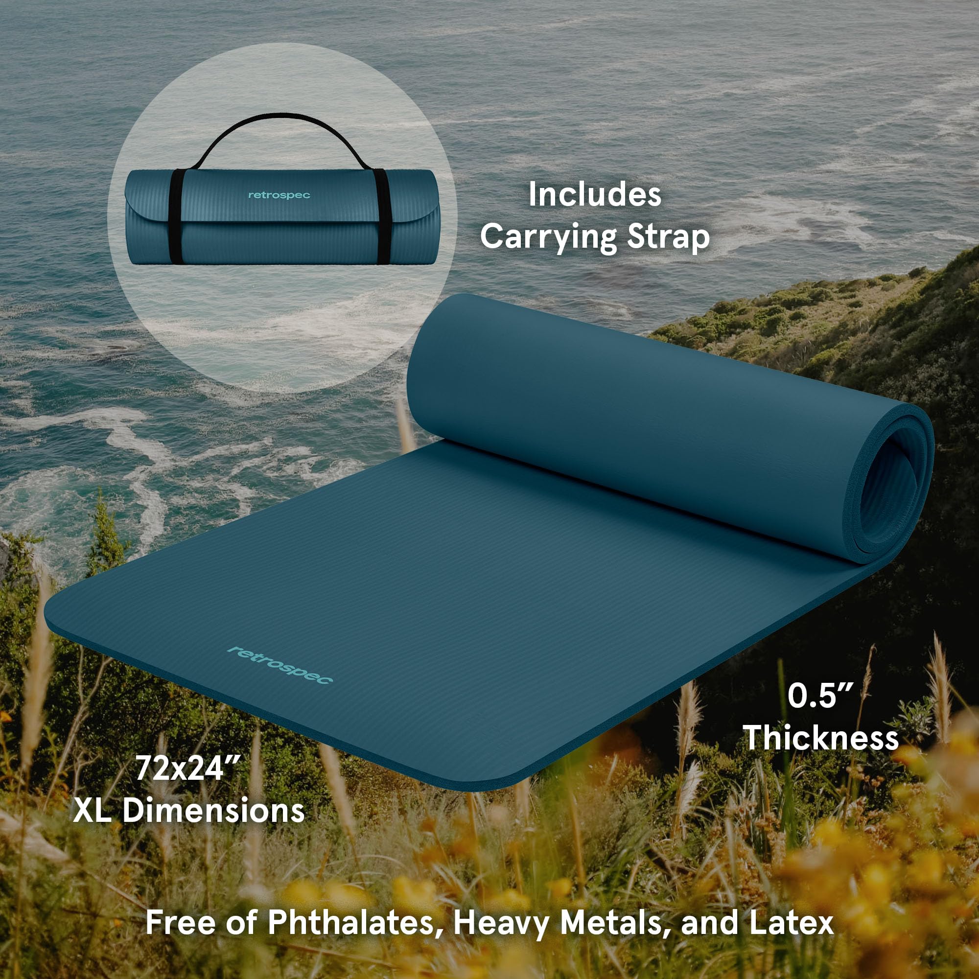 Retrospec Retrospec Solana Yoga Mat 1/2" Thick w/Nylon Strap for Men & Women - Non Slip Excercise Mat for Yoga, Pilates, Stretching, Floor & Fitness Workouts ,Ocean Blue