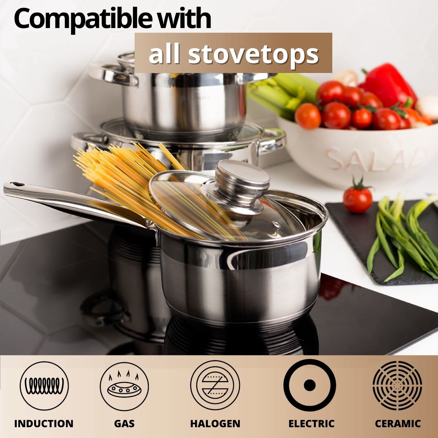 Daniks Standard Stainless Steel Stock Pot with Glass Lid | Induction 3 Quart | Dishwasher Safe Pot | Measuring Scale | Soup Pasta Stew Pot | Silver