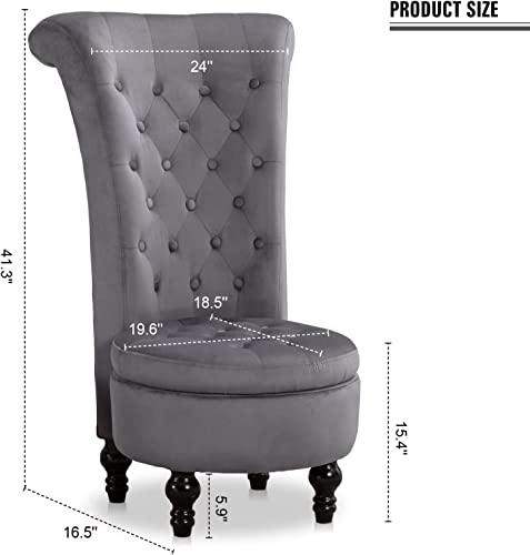 Icoget Gothic Queen of Throne Chair, 2 PCS Velvet High Back Chair w/Button-Tufted Upholstered Design, Royal Retro Armless Accent Chair w/Rubberwood Legs and Storage Space for Living Room, Grey