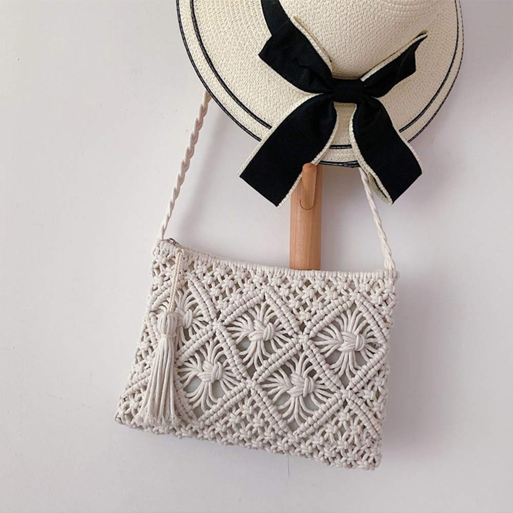 QTKJ Women's Summer Beach Straw Crochet Clutch Bag Shoulder Bag Crossbody Bag Woven Envelope Tassel Bag with Zipper (White)