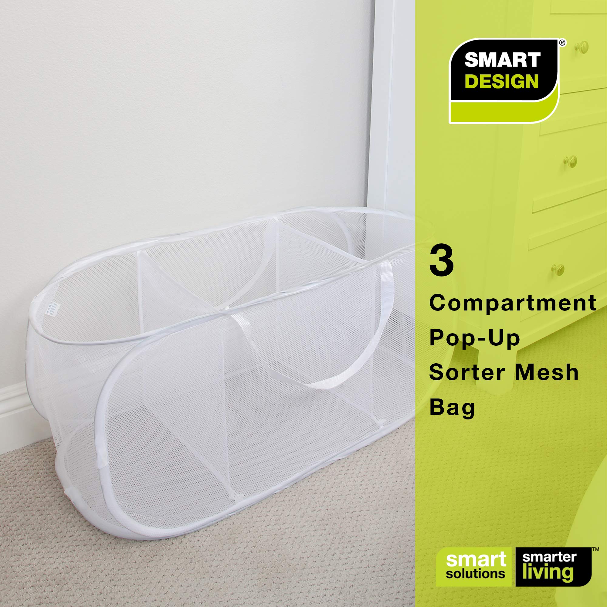 Smart Design Deluxe Mesh Pop Up 3 Compartment Laundry Sorter Hamper Basket - VentilAir Fabric Collapsible Design - for Clothes & Laundry - Home Organization (Holds 6 Loads) (33 x 15 Inch) [White]