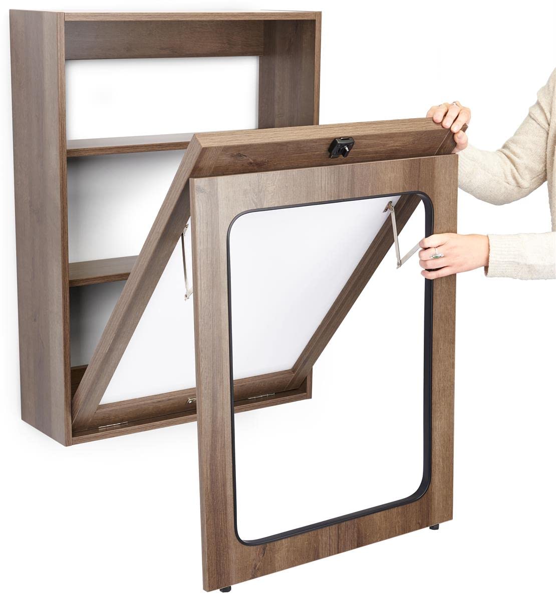 Displays2go Fold Out Desk Wall Mount with Shelves and Whiteboard, 29.5" High Tabletop - Dark Brown (FDWMDWBBRN)