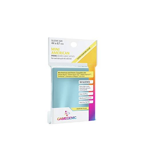 Prime Board Game Sleeves | Pack of 50 Extra-Clear Sleeves | 44 by 67 mm Card Sleeves Optimized for Mini American Card Games | Premium Card Protection | FFG Yellow Color Code | Made by Gamegenic