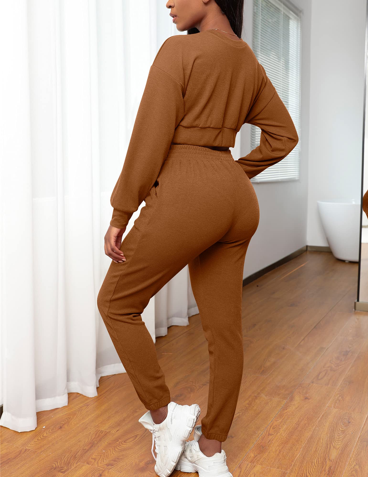BORIFLORS Women's Workout Track Suit 2 Piece Outfits Long Sleeve Sweatsuits Jogger Pants Sets,Medium,Coffee