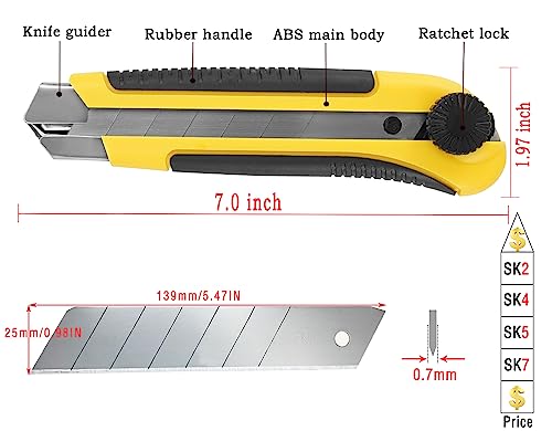 FeiLyKi 25MM Box Cutter Carpet knife Heavy Duty Utility Knife Ratchet Lock,9MM Aluminum alloy Exacto Knife Retractable,2Pack SK5 Snap Off blades-2061