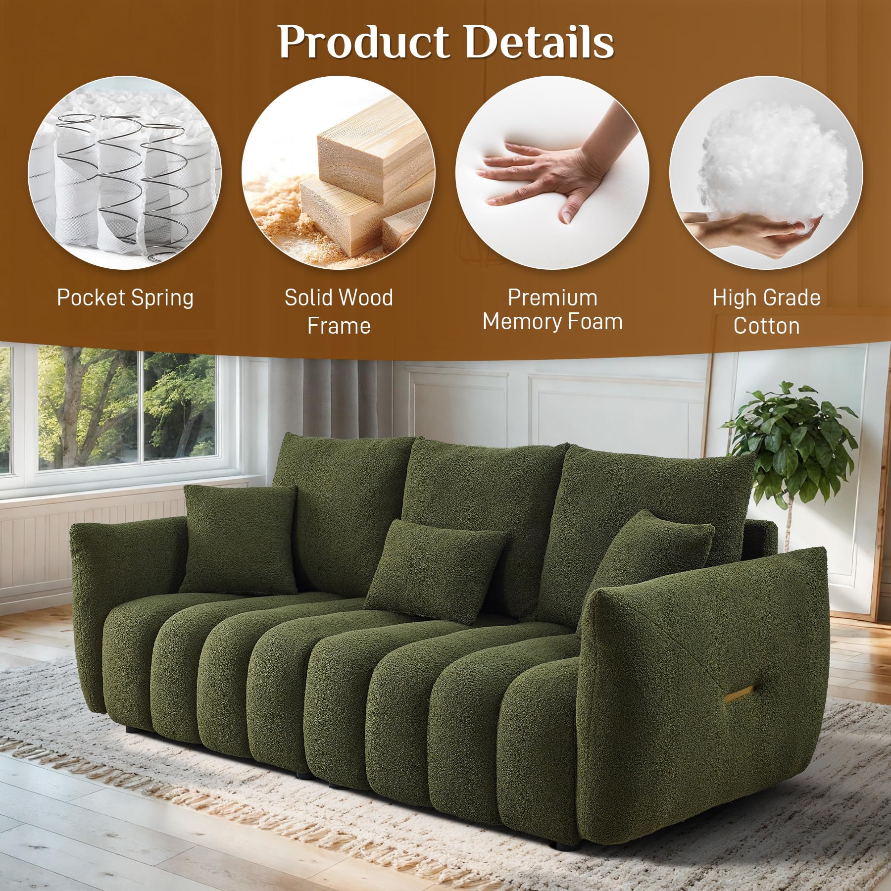 Wrofly 82" Teddy Cloud Sofa Couch, Comfy Upholstered Sherpa Deep Seat Boucle Sofa, Cozy Modern 3 Seater Couch with 3 Pillows, Oversized Loveseat for Living Room Apartment Office, Olive Green