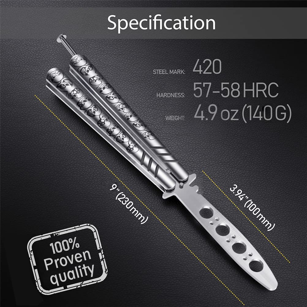Bundle of 2 Items - 2,95β Serrated Blade Pocket Knife - Black Folding Knife with Glass Breaker and Seatbelt Cutter - Small EDC Knife - Dull Not-Sharp Blade - Skeleton Dull Trick Butterfly Knifes