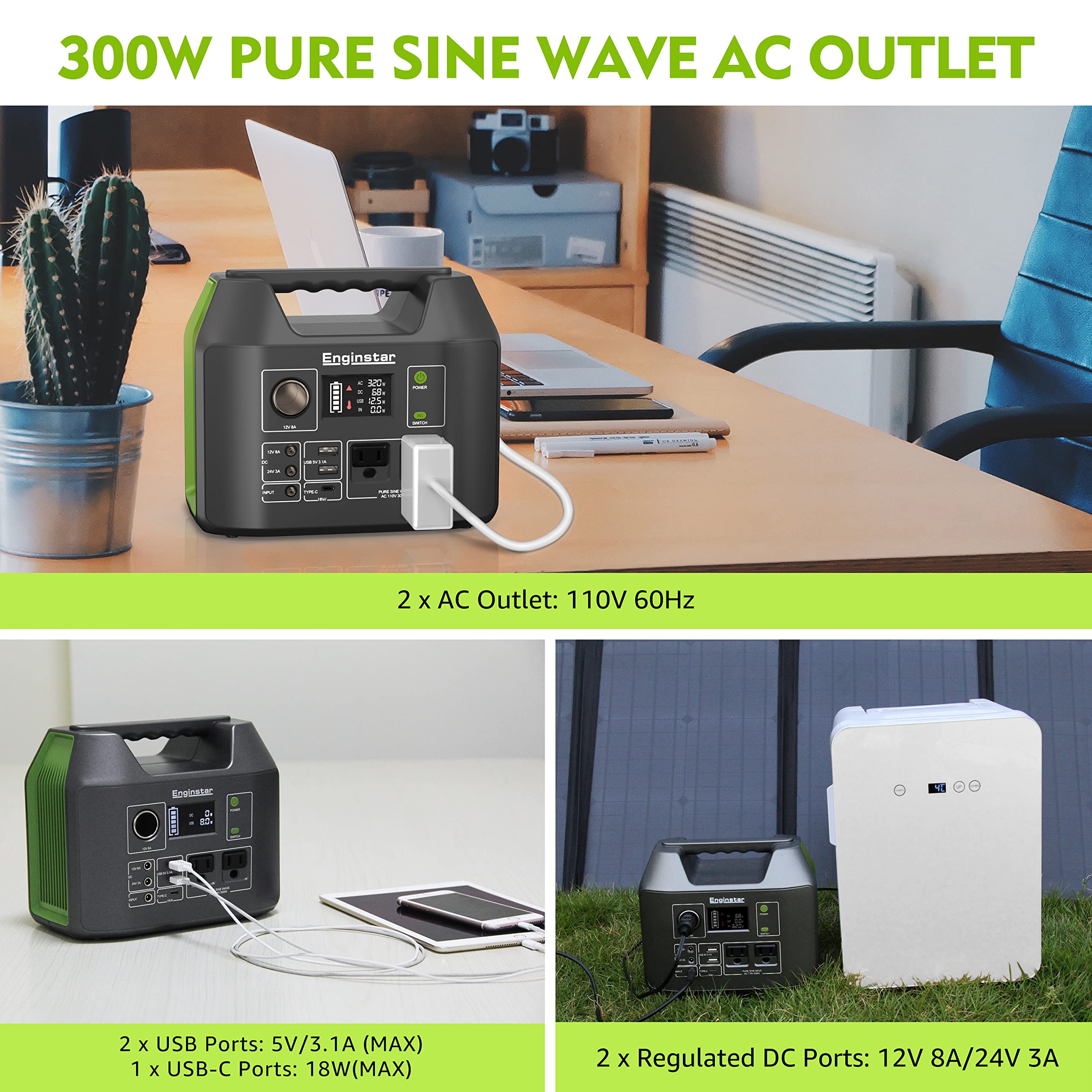 EnginStar Solar Generator 300W Green, 100W Solar Panel, 80,000mAh Portable Power Bank with AC Outlet for Outdoors Camping Emergency Use
