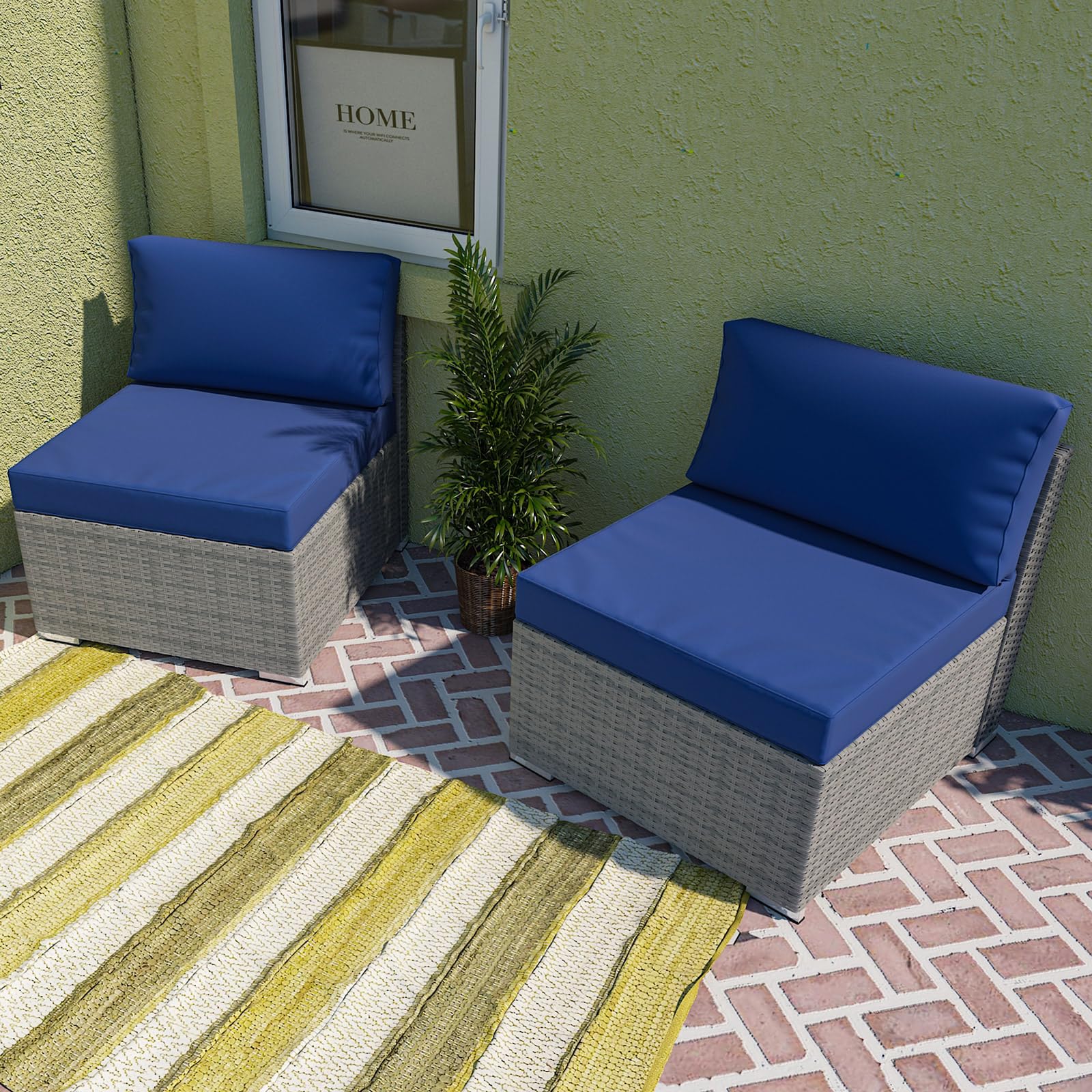 EAGLE PEAK 2 Piece Outdoor Armless Wicker Sofa Set, Outdoor Patio Armless Chairs with Removable Cushions, Sectional Wicker Loveseat, Dark Blue