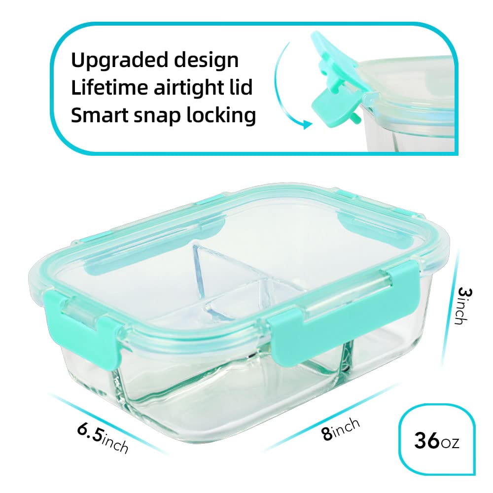 DAS TRUST 3 Pack 36oz Bento Box Glass Meal Prep Container 3 Compartments Glass Food Storage Containers with Lids Meal Prep Bowls Lunch Box Glass Food Prep Lunch Containers for Microwave Oven