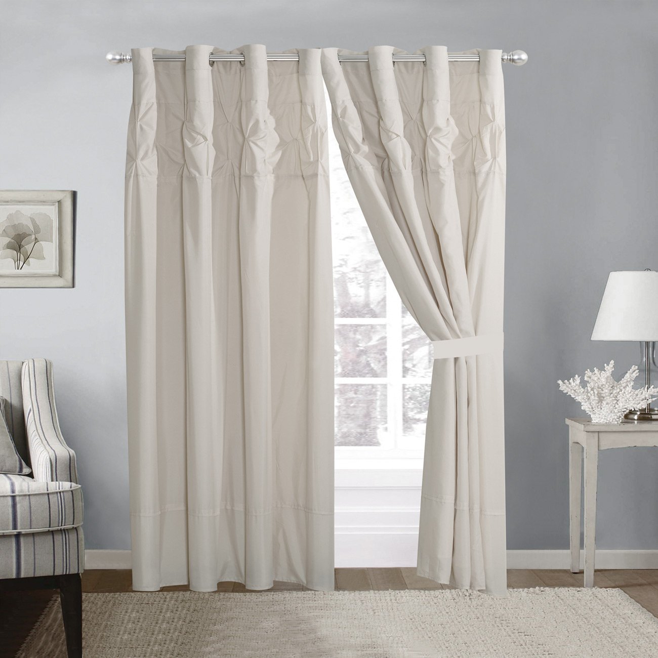 GrandLinen 3 Piece Queen Size Solid Light Grey Double-Needle Stitch Puckered Pinch Pleat Stripe Duvet Cover Set