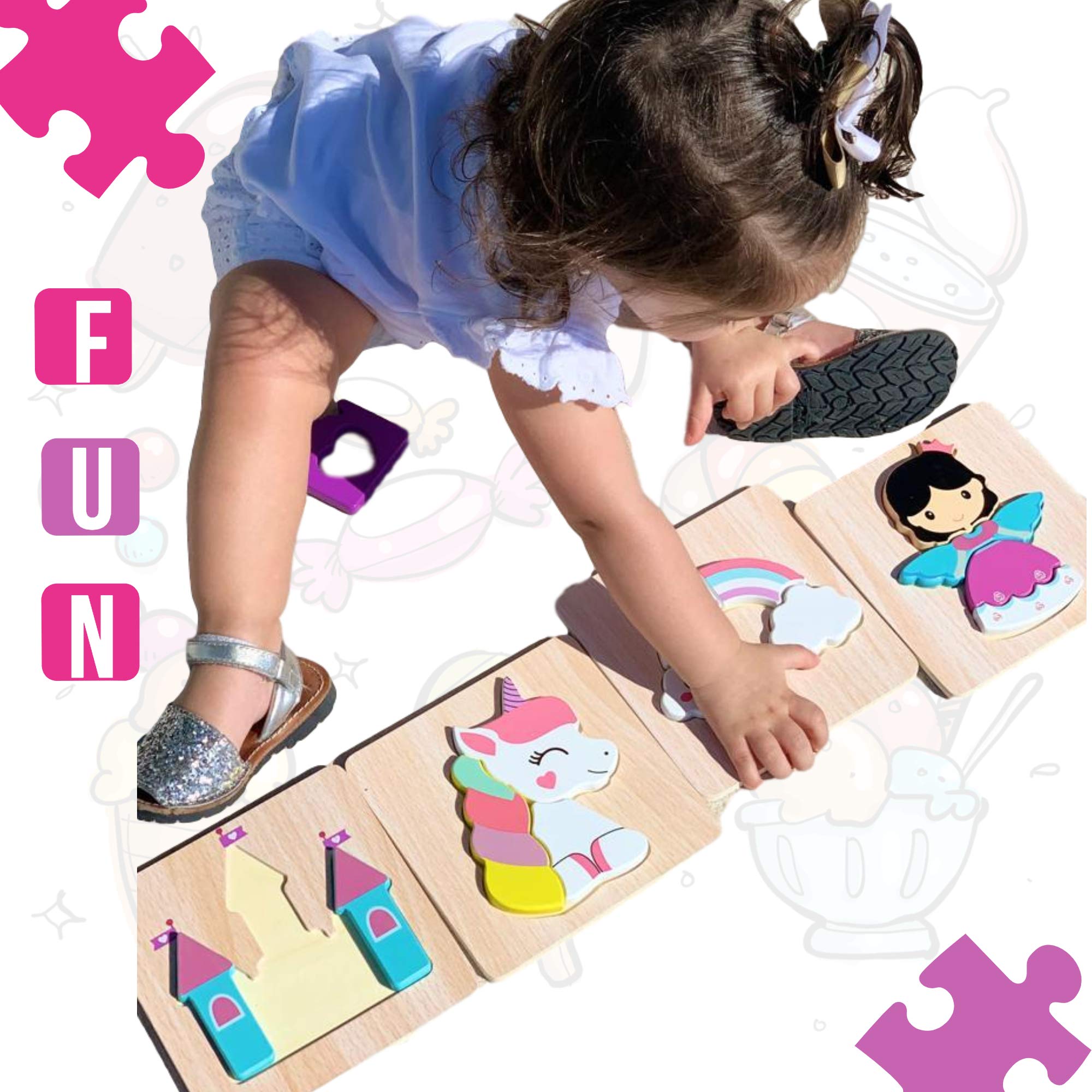 Princess Jigsaw Puzzle and Wand Set - Storage Bag Included - Rainbow, Unicorn and Castle Set - Puzzle for Toddlers 1-3