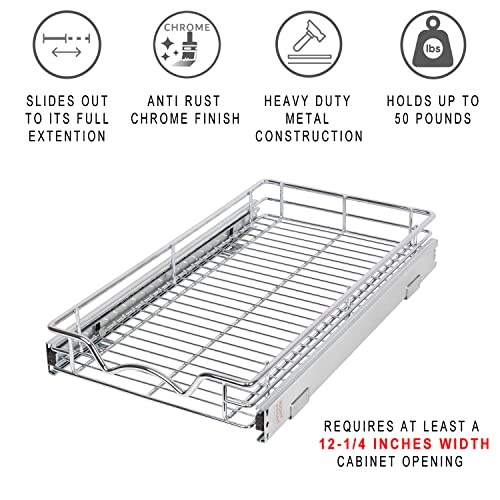 HOLD N' STORAGE Pull Out Cabinet Organizer, Heavy Duty-with Lifetime Limited Warranty -11βW x 21βD - Requires At Least a 12-1/4β Cabinet Opening, Steel Metal cabinet drawers slide out, Chrome Finish