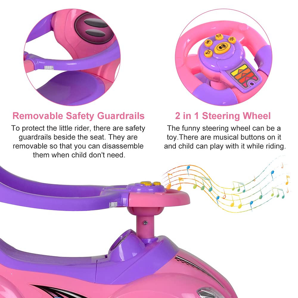 ChromeWheels Push Cars for Toddlers, 3 in 1 Ride on Push Car with Removable Canopy, Ride on Toys Mega Car w/Handle & Horn & Music, Pink