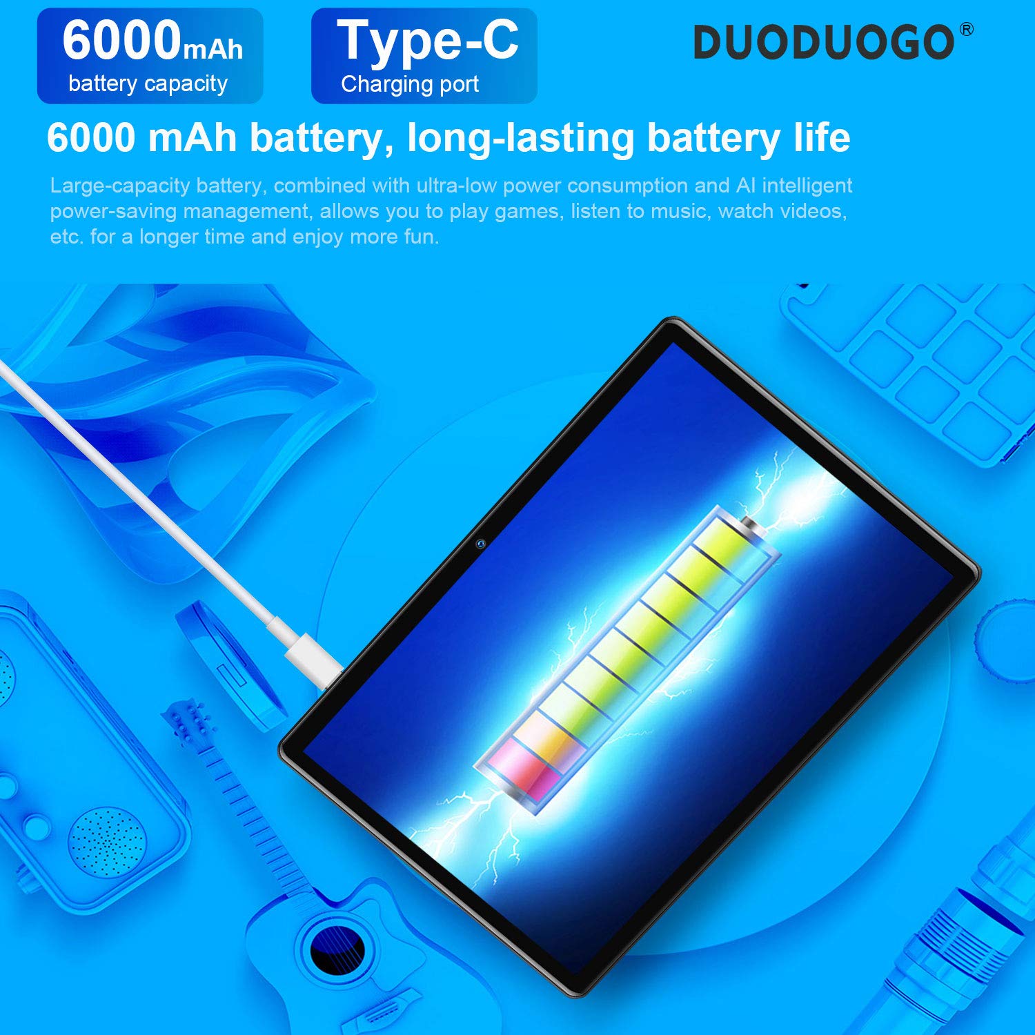 DUODUOGO Android Tablet 10 inch Newest Quad-Core Processor, 64GB+4GB 128GB Expandable, 5G/2.4G Dual WiFi, Android 10 Tablet Dual Camera 6000mAh Bluetooth FM, Gray