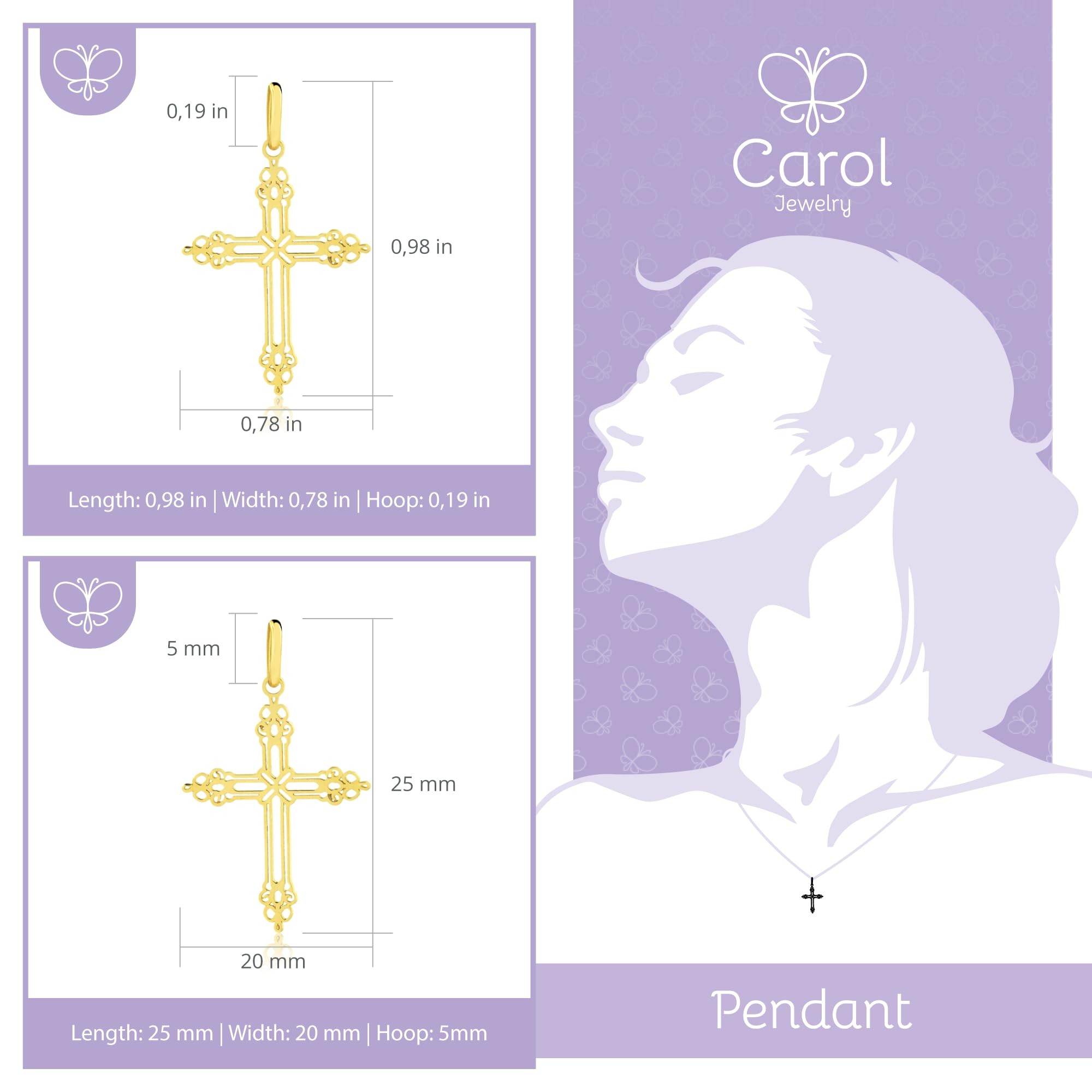 Carol Jewelry 18k Solid Yellow Gold Cross Pendant for Necklace for Men and Women