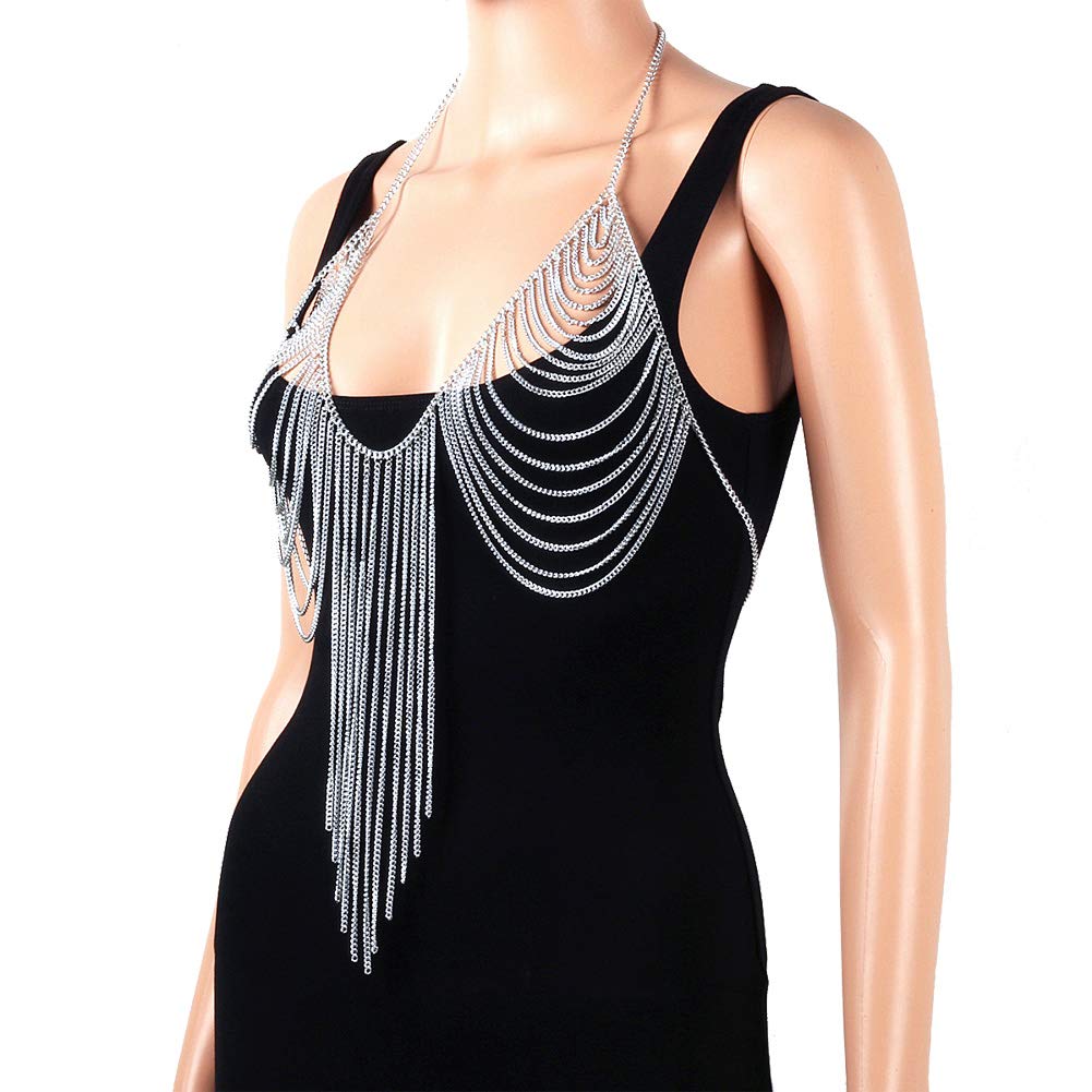 Chran Summer Beach Bra Top Chain Sexy Bikini Accessories Body Chains for Women Golden Necklace Party Jewelry (silver)