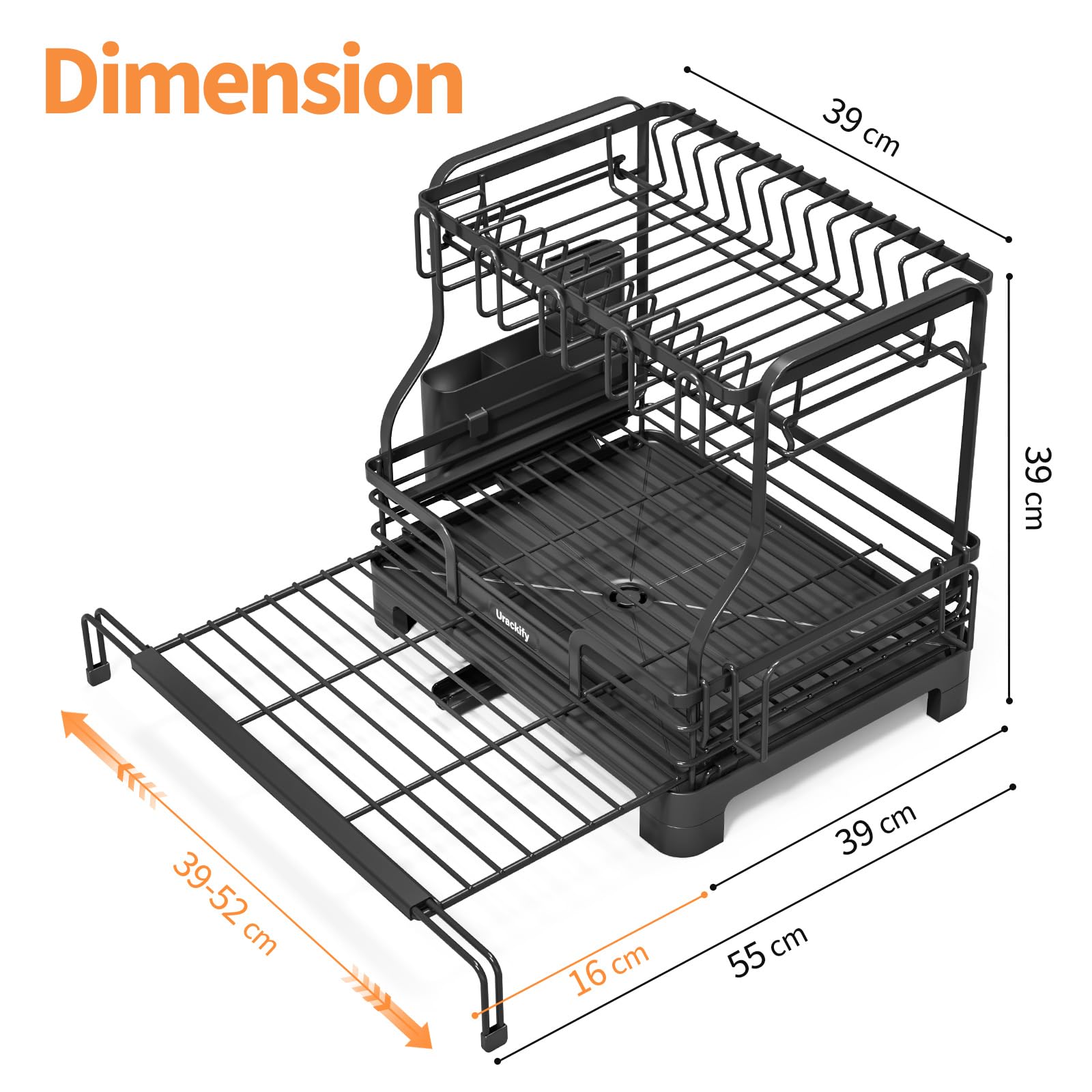 Urackify Extendable Dish Drying Rack, 2-Tier Dish Rack for Kitchen Counter, Large Expandable Dish Drainer Over Sink, 3 in 1 Multifunction Dish Strainer with Drainboard & Cups Holder, Black