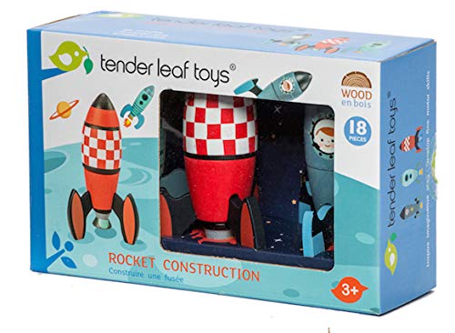 Tender Leaf Toys - Rocket Construction - 18 Pc Wooden Construction Toy Playset Builds 3 Space Ships - Develops Dexterity, Problem Solving and Imaginative Play - Ages 3+