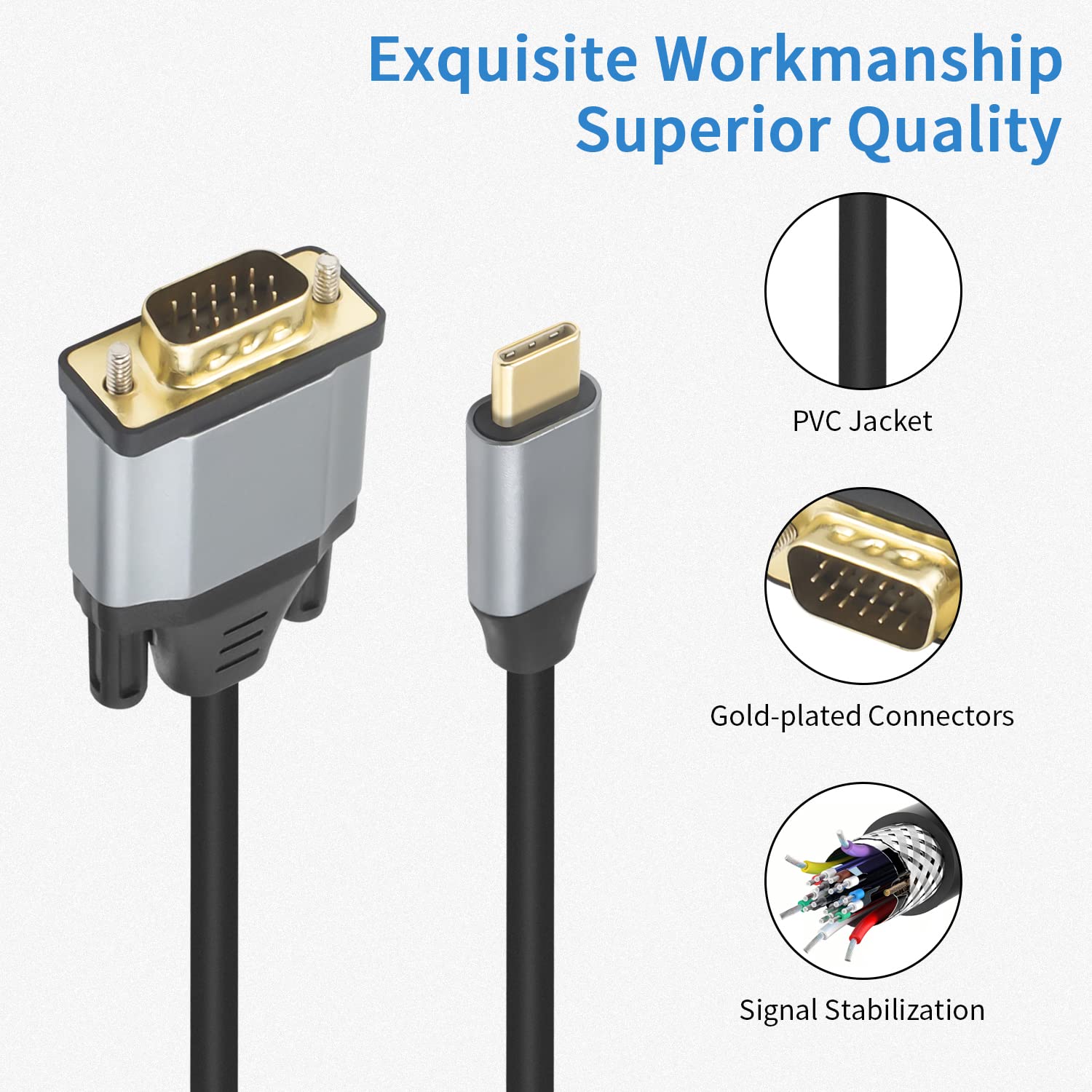 Duttek USB C to VGA Cable 6FT/1.8M, 4K USB C to VGA Adapter Compatible with Thunderbolt 3/4, Type-C Male to VGA Male Cable for MacBook Pro/Air, iMac, iPad Pro (6FT/1.8M)