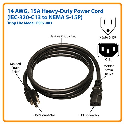 Tripp Lite Heavy Duty Computer Power Cord, 15A, 14AWG (NEMA 5-15P to IEC-320-C13), 3-ft. (P007-003),Black