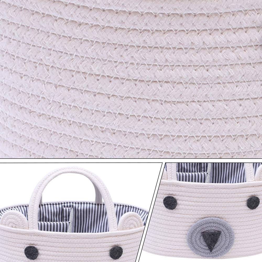 Conthfut Baby Diaper Caddy Organizer 100% Cotton Canvas Stylish Rope Nursery Storage Bin Portable Tote Bag & Car Organizer For Changing Table- Top Baby Shower Basket (White)