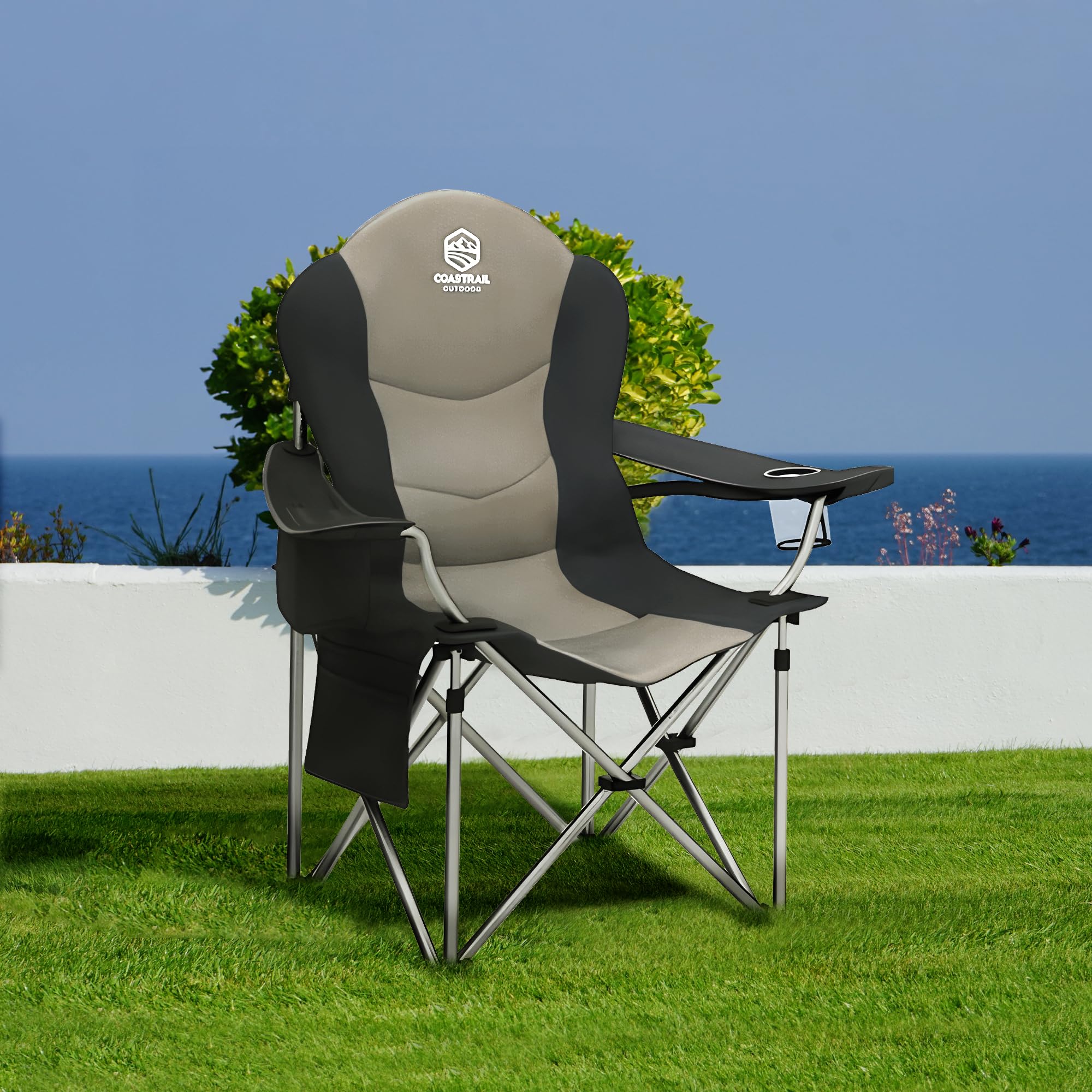 Coastrail Outdoor Camping Chair Oversized Padded Folding Quad Arm Chairs with Lumbar Back Support, Cooler Bag, Cup Holder & Side Pocket, Extra Head Pocket, Supports 400 lbs (Black, Modern)