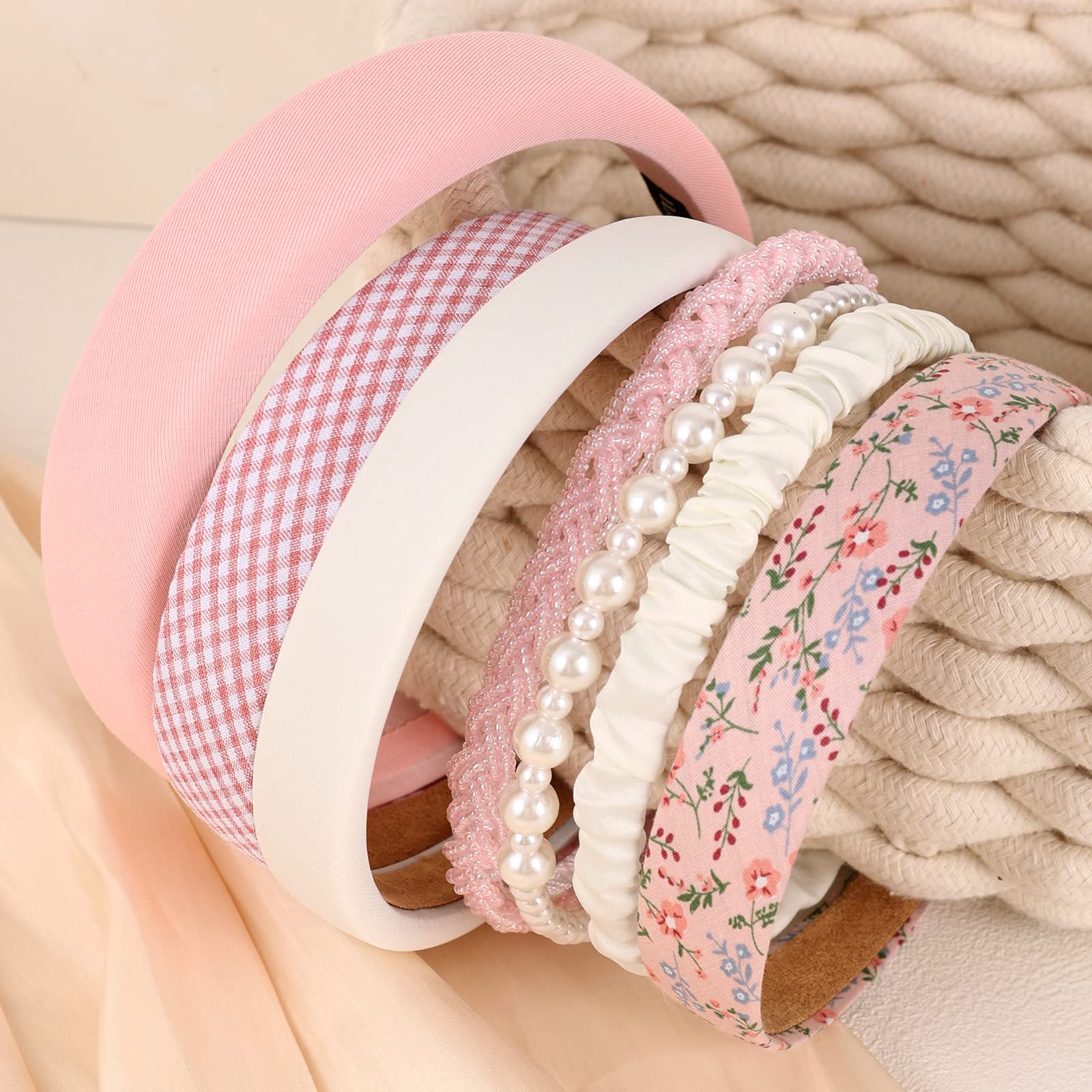 Drnytunk Women's Pearl Floral Padded Wide Bandana Headbands, Vintage Hair Accessories, Pink