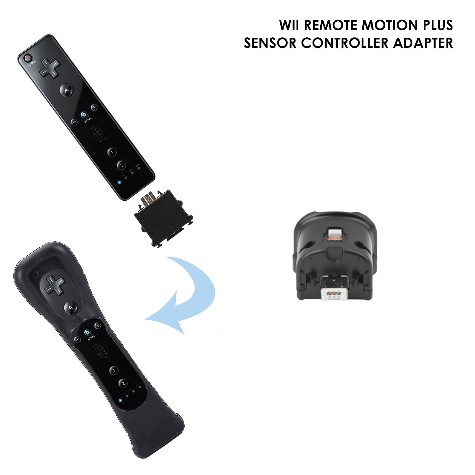 Wii Motion Plus Sensor Adapter with Silicon Case Cover and Wrist Strap, Wii Nunchuk Remote Controller Attachment for Nintendo Wii and Wii U Black