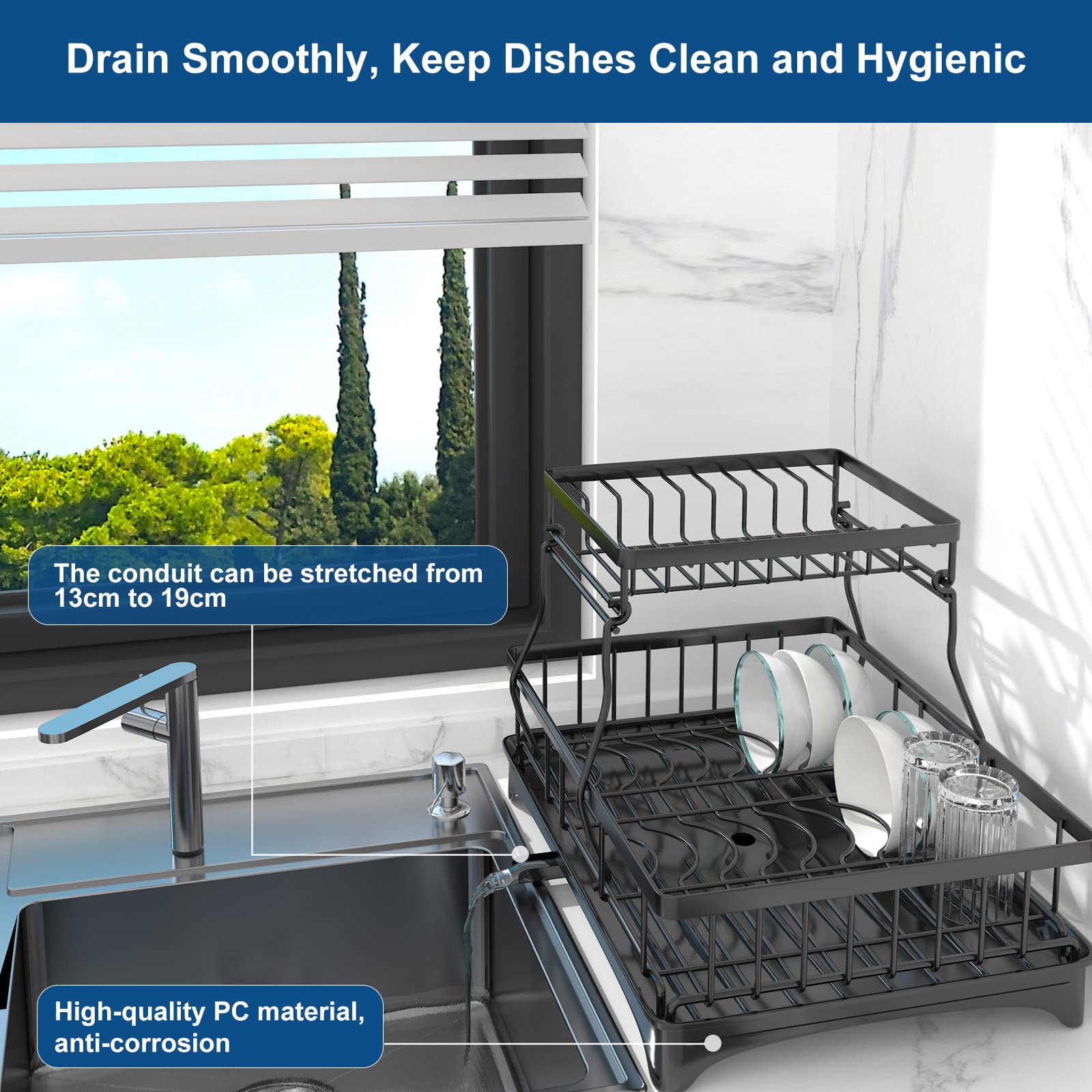 CLOMOOXI Dish Drying Rack, 2-Tier Detachable Dish Racks for Kitchen Counter, Stainless Steel Kitchen Drying Rack with a Cutlery Holder and Cup Holder, Drying Rack for Dishes, Knives, Spoons, Forks