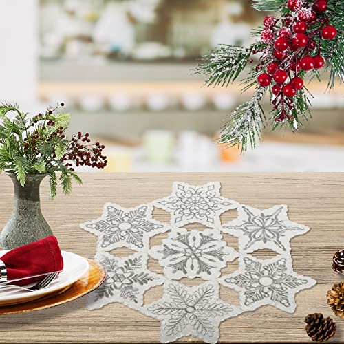 OWENIE Christmas Placemats Set of 4, Metallic Embroidered Cutwork Silver Snowflakes Round Placemats for Dinging Table, Luxury Holiday Tabletop Collections, Winter Table Mats (4pcs, 15 inches Round)
