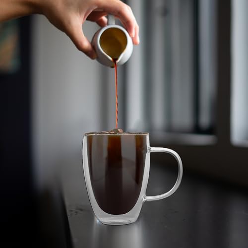 Liuruiyu Glass Coffee Mug Set of 4 Double Wall Clear Mugs, Insulated Coffee Cups with Handle Fits for Cappuccino, Tea, Espresso - 12oz