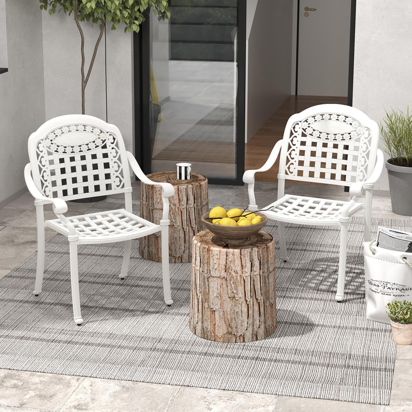 Giantex Stackable Outdoor Chairs Set of 2, All Weather Cast Aluminum Patio Chairs for Lawn Porch Garden Yard, Bistro Dining Chairs with Armrests, Adjustable Foot Pads, Easy Assembly (1, White)