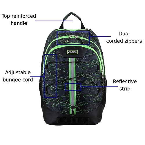 FUEL 18” Unisex Backpack Terra Sport Spacious Dual Compartment w/Laptop Sleeve and Bungee for Travel, College, Work - Neon Outline Camo