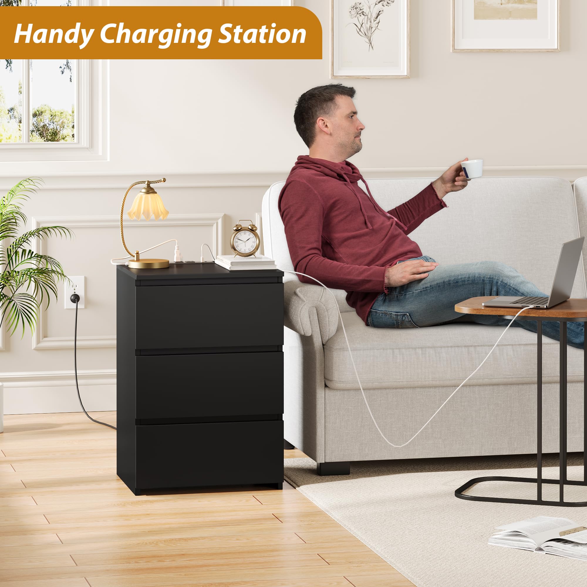 FOTOSOK Black Nightstand, 26" H Black Night Stand with Charging Station, Black Nightstand with USB Ports & Power Outlets, Silent Slides, Wooden End Side Table Bedside Table with 3 Drawers for Bedroom