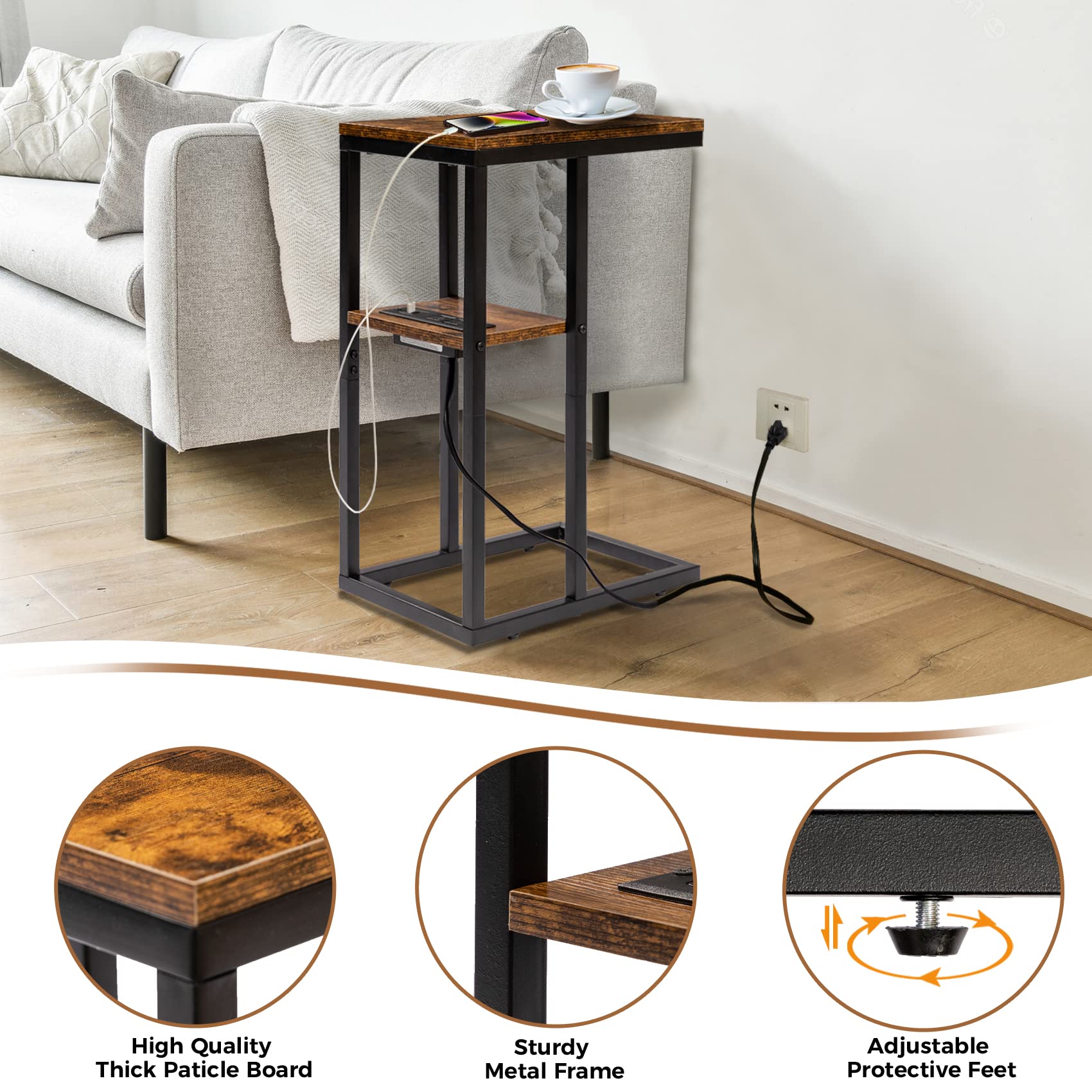 C Shaped Side Table With Charging Station End Tables With Usb Ports And Outlets Slim Skinny Narrow End Tables For Small Spaces Bedside Tables Couch Tables That Slide Under Sofa Tables For Bed Tray Tv