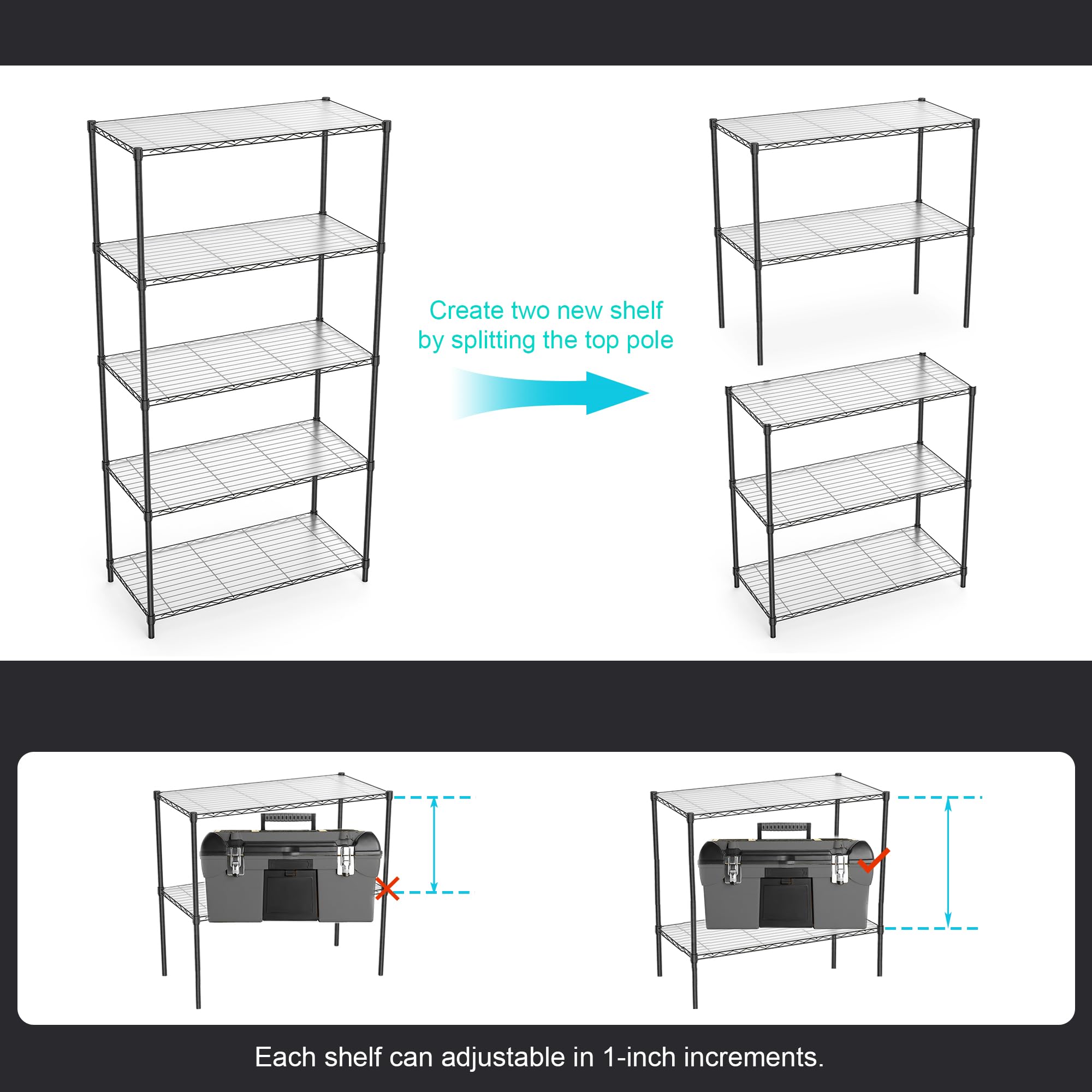 Dolonm 5-Tier Storage Shelves Wire Shelving Unit, 1750 LBS NSF Height Adjustable Shelves Organizer, 16" L x 36" W x 72" H, Heavy Duty Metal Garage Shelving for Restaurant, Kitchen, Laundry, Black