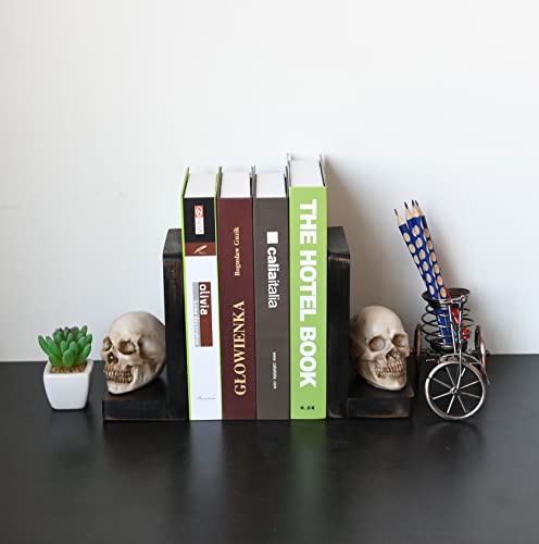 OwlGift Decorative Halloween Skull Bookends, Heavy Duty Bookends for Shelves, Skull Book Ends for Heavy Books, Book Shelf Holder Home Office Desktop Organizer (1 Pair)