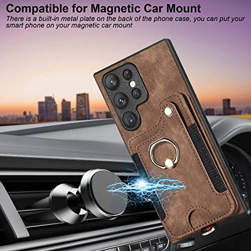 S22 Ultra Case,Card Holder Wallet for Galaxy S22 Ultra Case,Ring Holder Stand,RFID-Blocking,Wrist Strap,Camera Protector,Leather Protective Magnetic Flip Cover for Samsung S22 Ultra Case (Brown)
