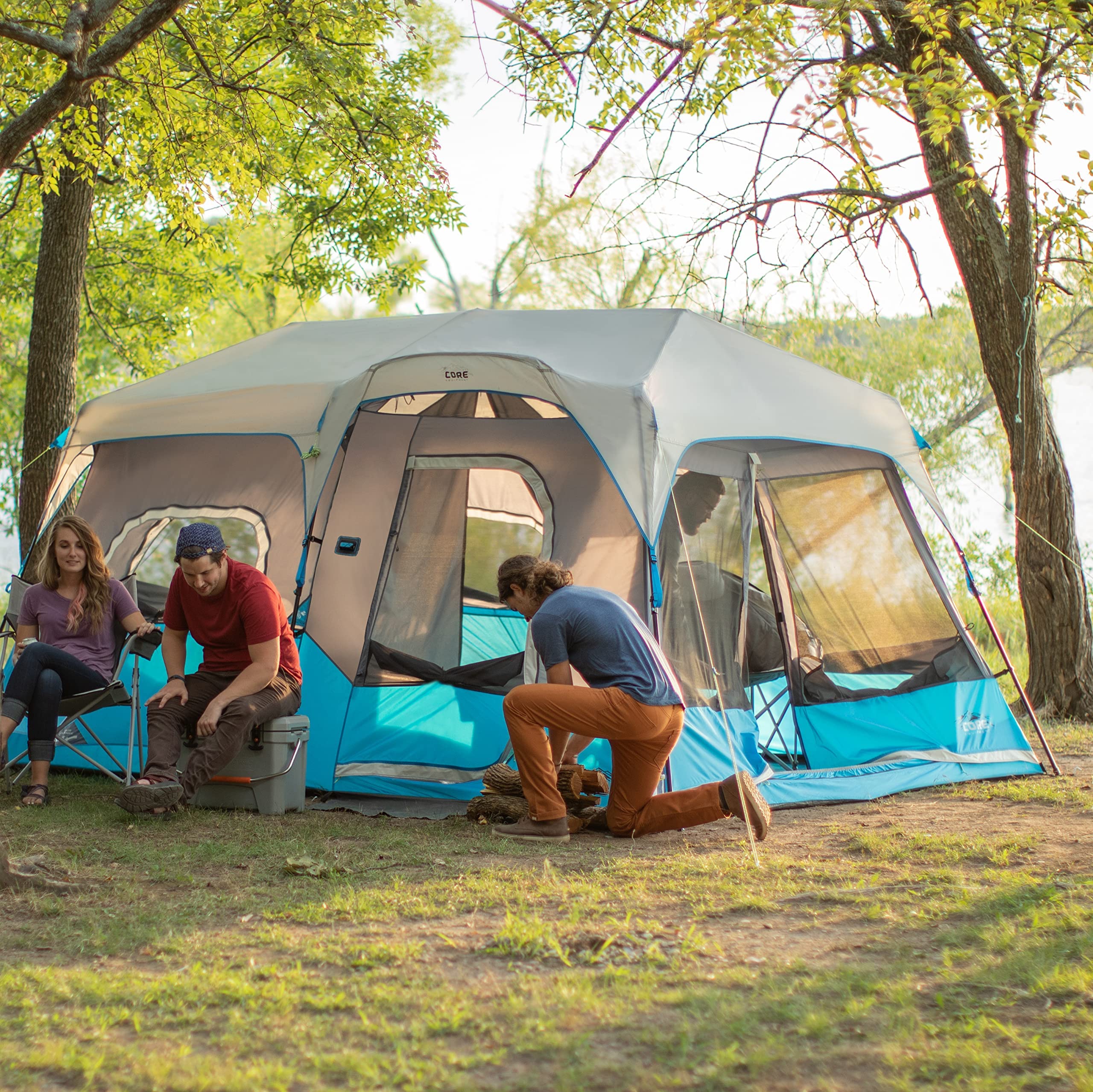 CORE 9 Person Lighted Instant Cabin Tent with Included Footprint and Tent Kit