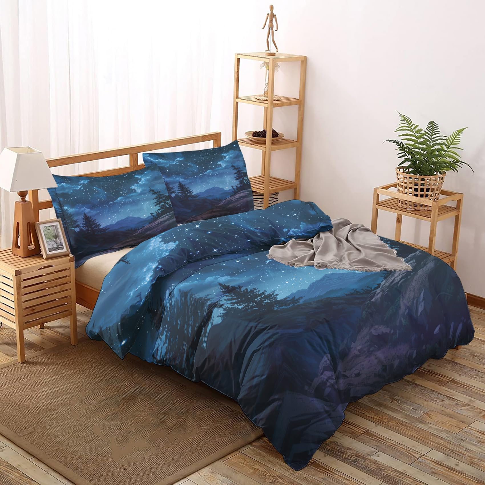 Epzthxlyr Starry Night Duvet Cover Full Size, Scenic Mountain Bedding Set 3 Pieces Set, Soft Microfiber, with Zipper and Corner Ties, Natural Landscape Comforter Cover 1 Duvet Cover + 2 Pillow Cases