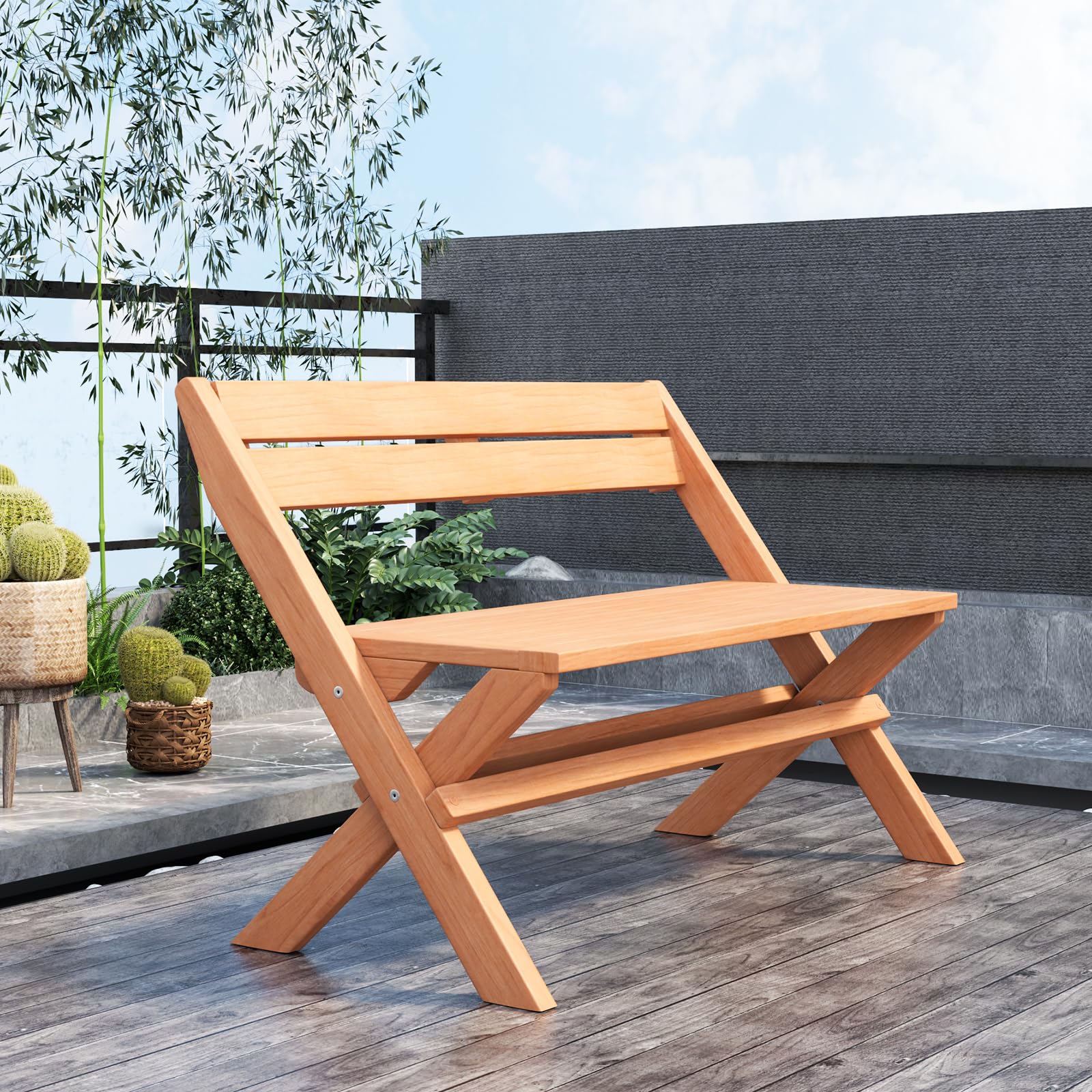 Giantex Wood Outdoor Bench Folding - 2-Person Patio Garden Bench with Solid Teak Wood Structure, Natural Appearance, Foldable Park Bench for Patio, Porch, Backyard, Poolside, Outside Bench Seat
