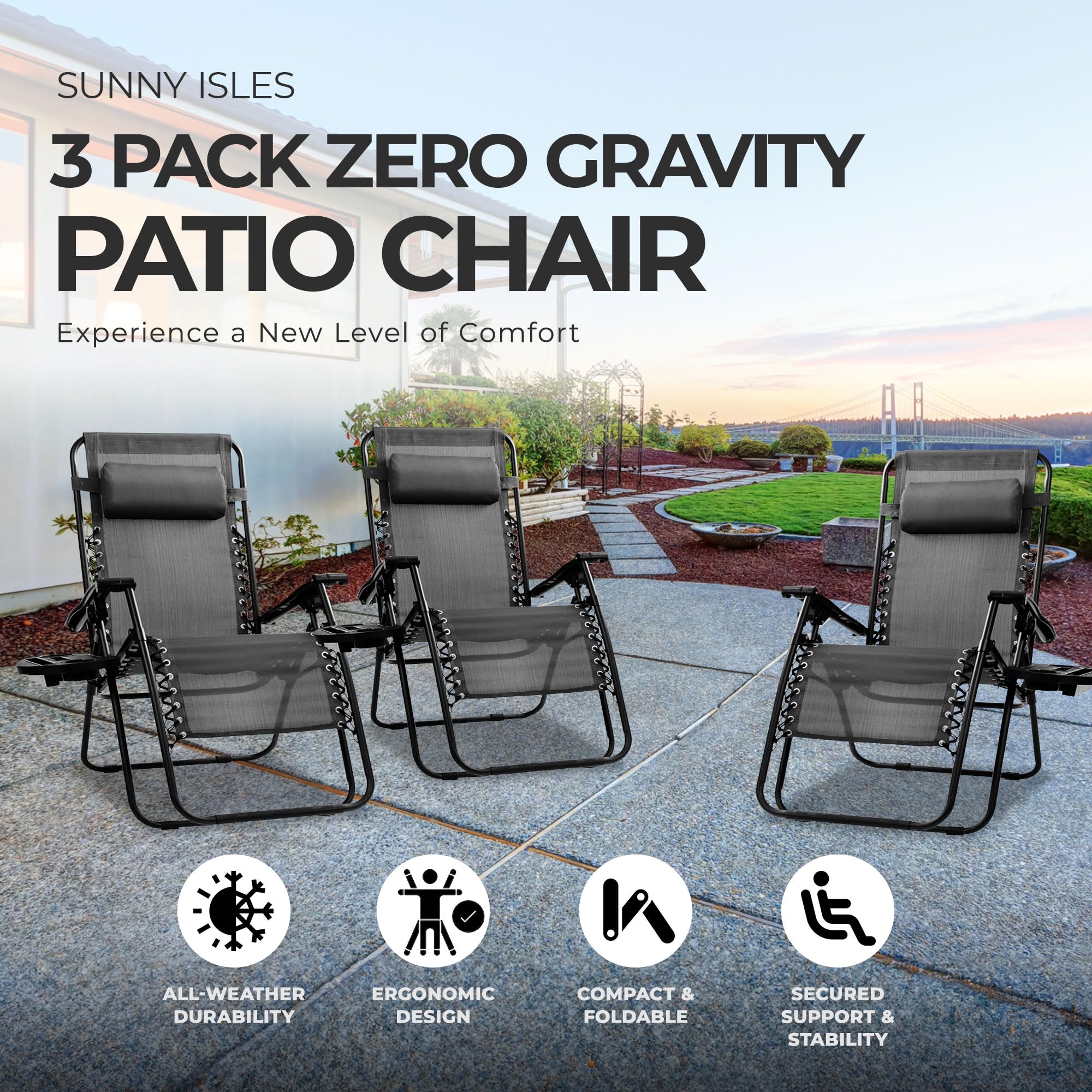 Four Seasons Courtyard Sunny Isles XL Zero Gravity Outdoor Patio Reclining Chair Steel Frame Comfortable Lounge Seating Furniture Set, 3 Pack, Black