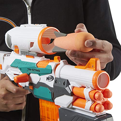 Nerf Modulus Tri-Strike Blaster, Mega Barrel, Rocket Launcher, Clip, 10 Elite Darts, 4 Mega Darts, 1 Rocket, Kids Outdoor Games (Amazon Exclusive)