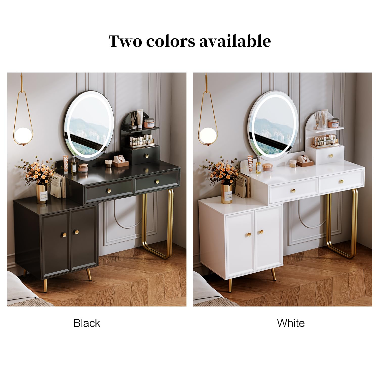 Black Modern Vanity Desk,Retractable Makeup Vanity,with LDE Mirror and 2 Spacious Drawers,Makeup Desk with Cabinet,Dressing Table with 3 Sections Silent Drawer Slides,Writing Desk