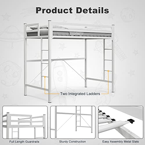 IKIFLY Junior Metal Twin Loft Bed Frame/Two Build-in Ladders & Safety Guard Rail - for Adults/Teens - Easy Assembly, Space-Saving Design - White