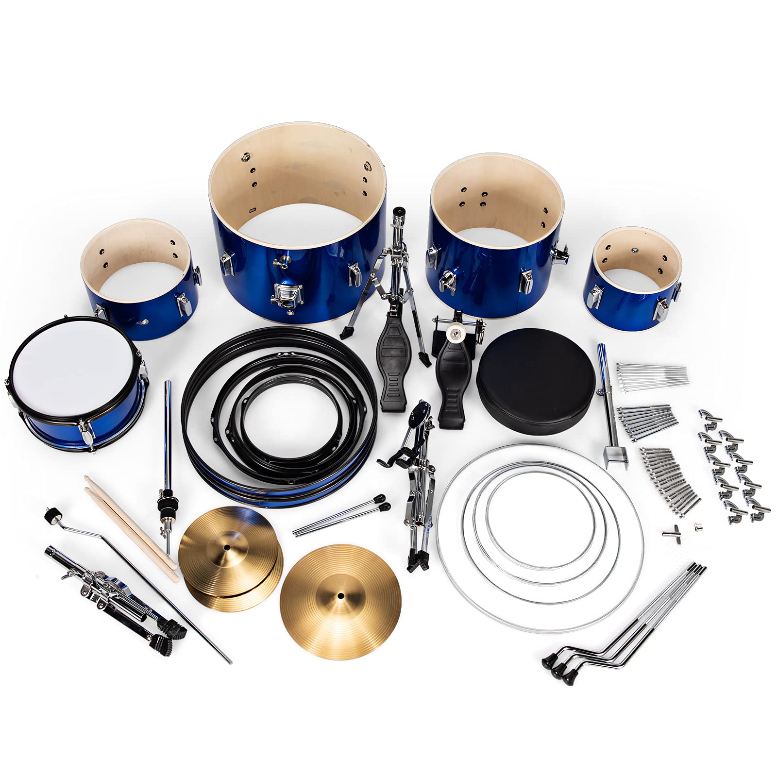 Costzon 16β Kids Drum Set, 5-Piece Full Size Complete Junior Drum Set with Adjustable Throne, Cymbal, Hi-Hat, Pedal & Drumsticks, Beginner Drum Kit with Bass Snare Tom Drum, Age 3-12, Blue